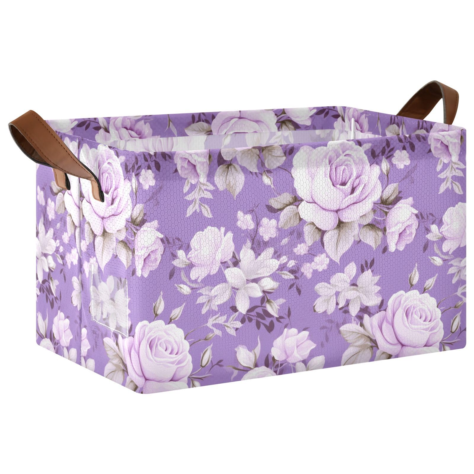 KUEJOP Flower Purple Rose Rectangle Storage Bin, Decorative Collapsible Organizer Storage Basket with Handles for Home