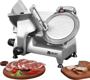 valley sportsman 8" commercial slicer 180w, 1/4 hp electric meat slicer, italian carbon steel blade, quiet performance, semi-frozen meat/cheese/food slicer, 0.5mm to 15mm adjustable slicing thickness