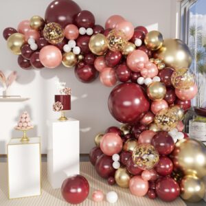 mebay burgundy balloon arch kit, 141 pcs maroon metallic chrome gold rose gold and white latex balloons different sizes 18 12 10 5 inch for birthday wedding anniversary bridal bachelorette wine party