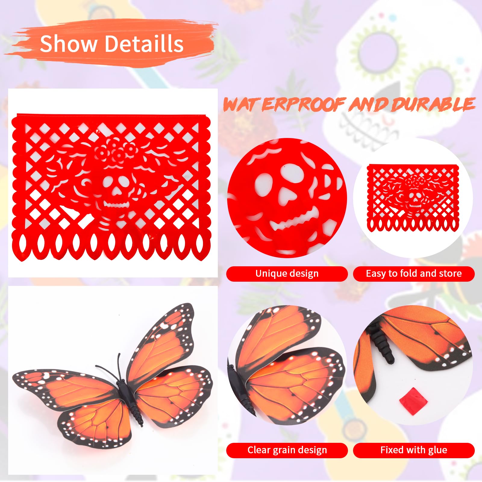 Mexican Party Banner Artificial Monarch Butterfly Plastic Day of The Dead Papel Picado and Halloween Fake 3D Monarch Butterfly for Mexican Party Day of The Dead Party Favors