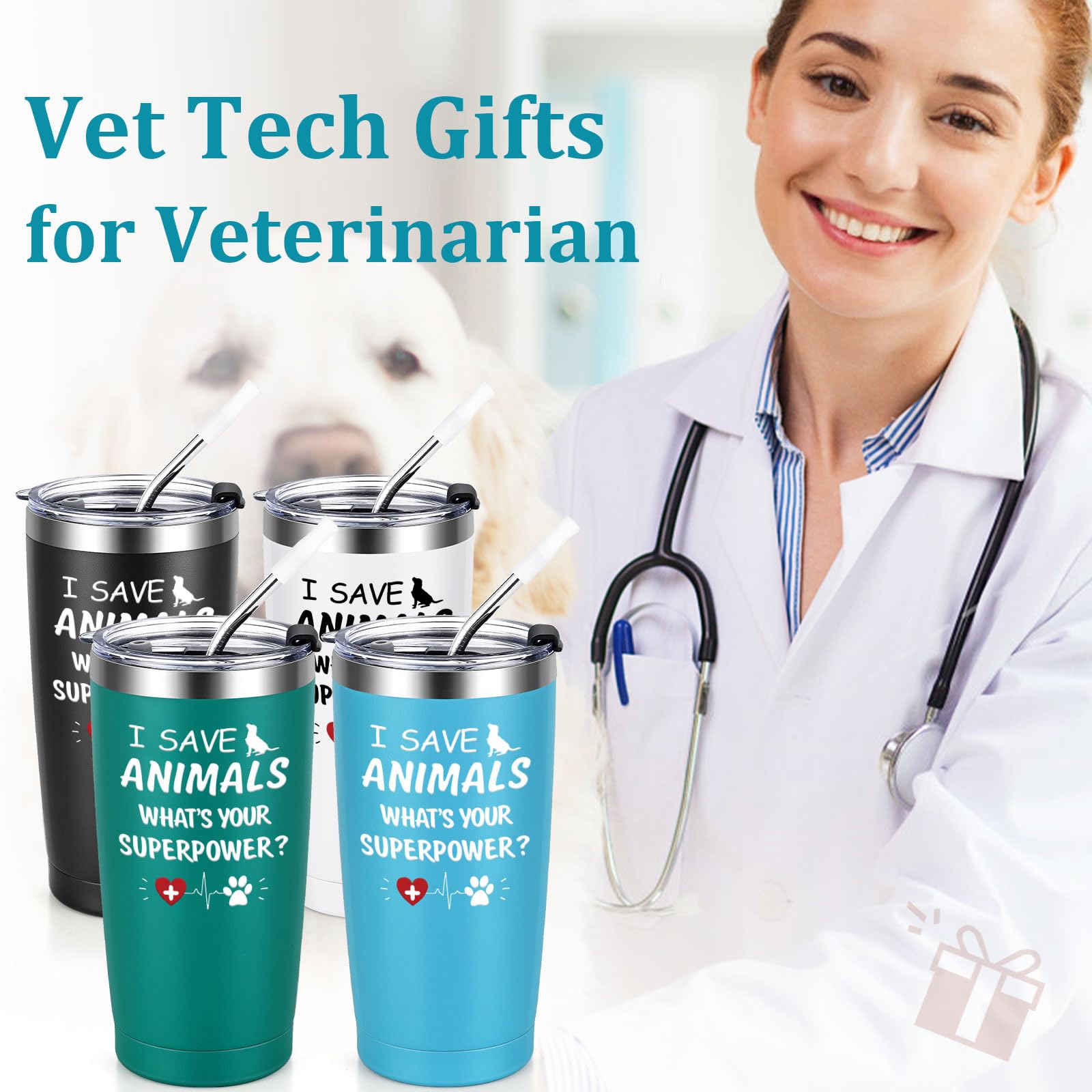 Lifecapido 13Pcs Vet Tech Gifts, Veterinarian Gifts, I Save Animals What's Your Superpower - 20oz Tumbler with Keychains Stickers Pens, Vet Tech Week Gifts Christmas Gifts for Veterinary Technologists