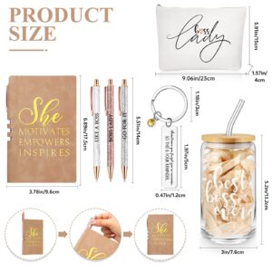 SiliFine 7 Pcs Boss Day Gift Sets Lady Thank You Gifts for Women Best Boss 16oz Glass Cup Makeup Bag Keychain A6 Notepad with 3 Ballpoints Pen Lady Leader Appreciation Day Christmas Favor(Brown)