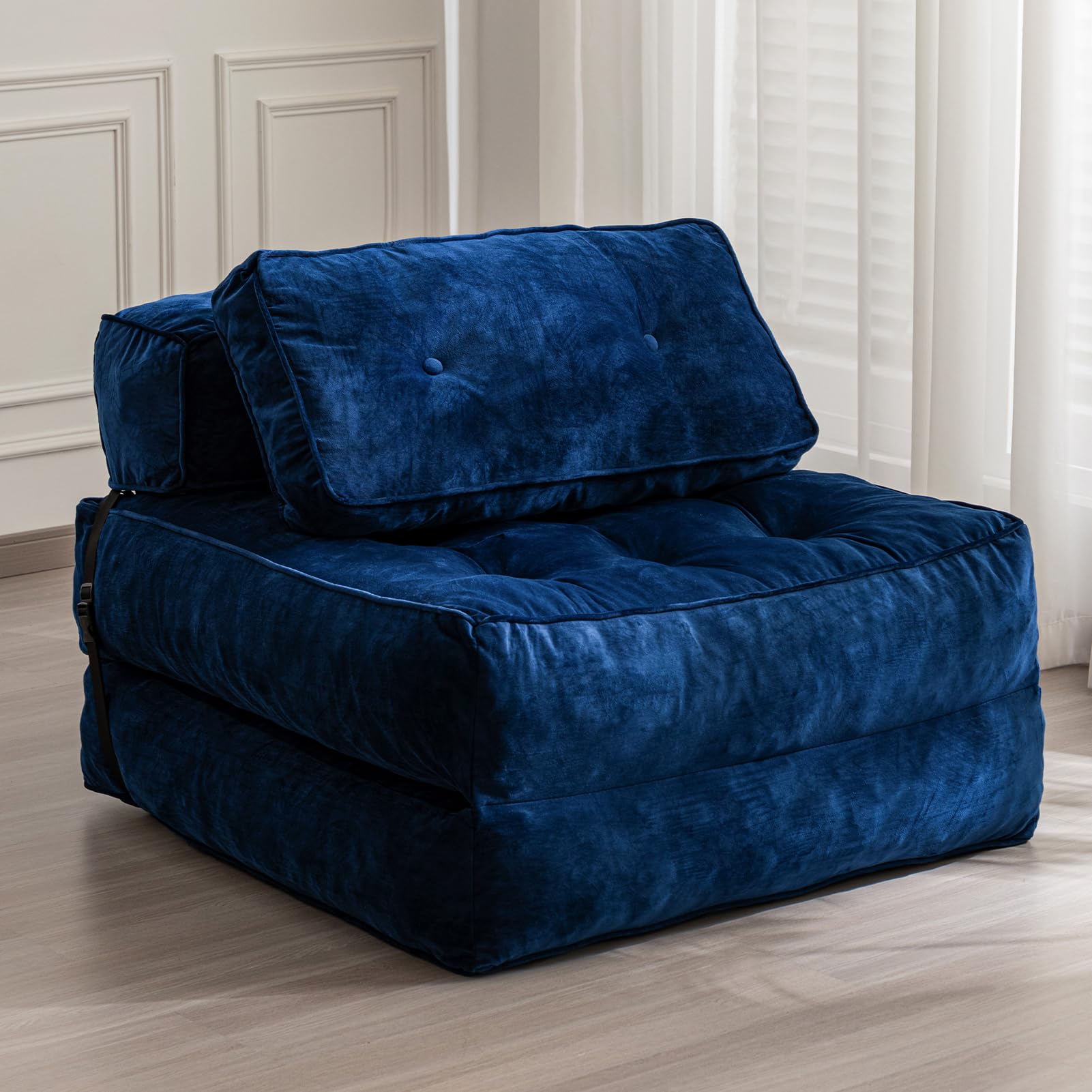 MAXYOYO Folding Sofa Bed, Velvet Convertible Sleeper Chair with Pillow Portable Fold Out Chair Bed, Multifunctional Tufted Floor Sofa Lounge for Living Room Guest Room, Navy