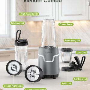 LAMPICK Smoothie Blender, 1100W Personal Blender for Shakes and Smoothies, Blenders and Grinder Combo for Kitchen with 2*27 Oz To-Go Cup & 10 Oz Grinding Cup for Protein Shake, Baby Food, Frozen Drink