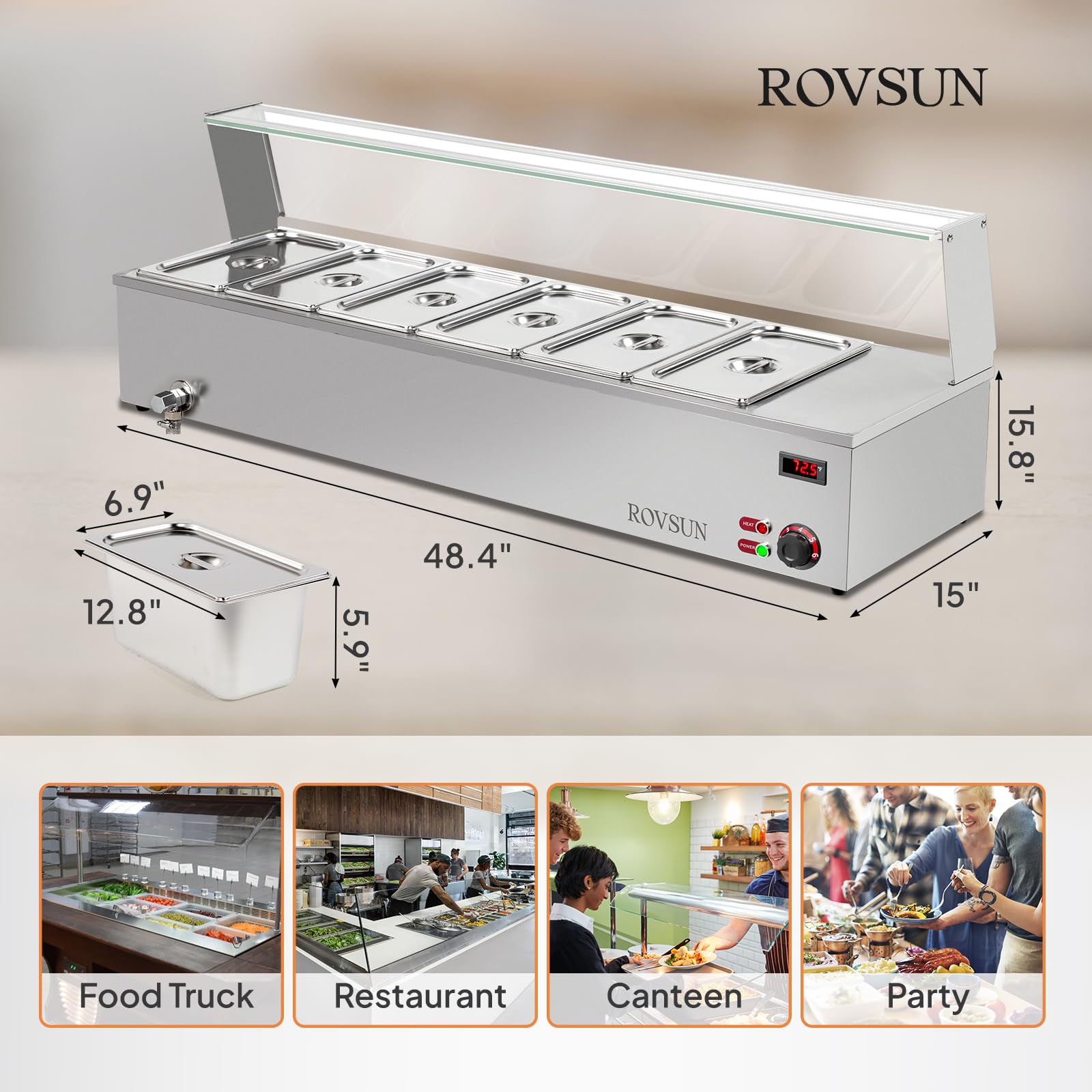 ROVSUN 48QT 1500W Electric Commercial Food Warmer, 6-Pan Steam Table 8QT/Pan Stainless Steel Bain Marie Countertop w/Acrylic Shield Temperature Control & Lid for Buffet Restaurant 110V