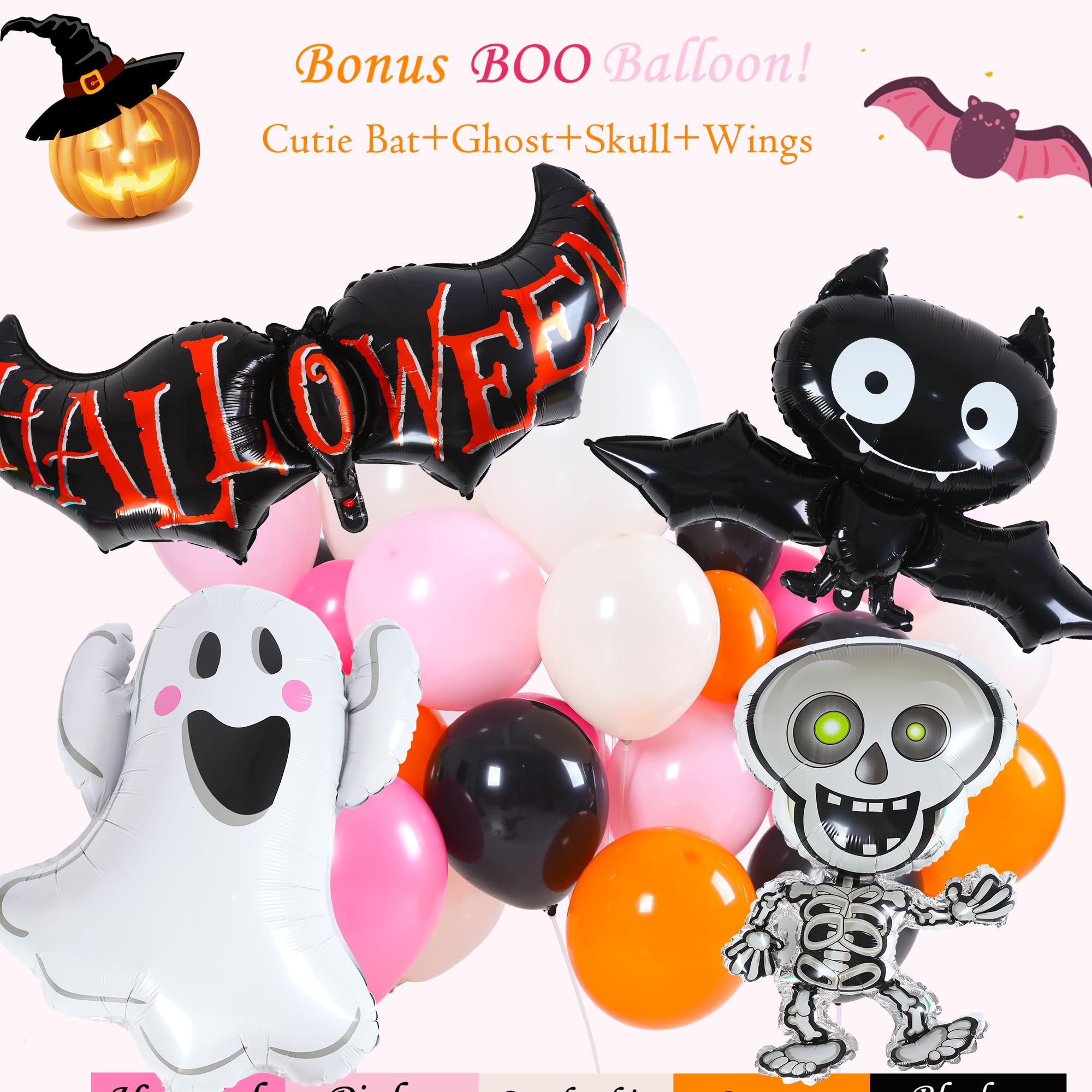 Hot Pink Halloween Balloon Garland Arch Kit,133Pcs Black Orange Pink Sand White Balloons Large Wings Ghost Skeleton Bat Foil Balloons for Kids,Family,Halloween Party Background Cosplay Theme Party