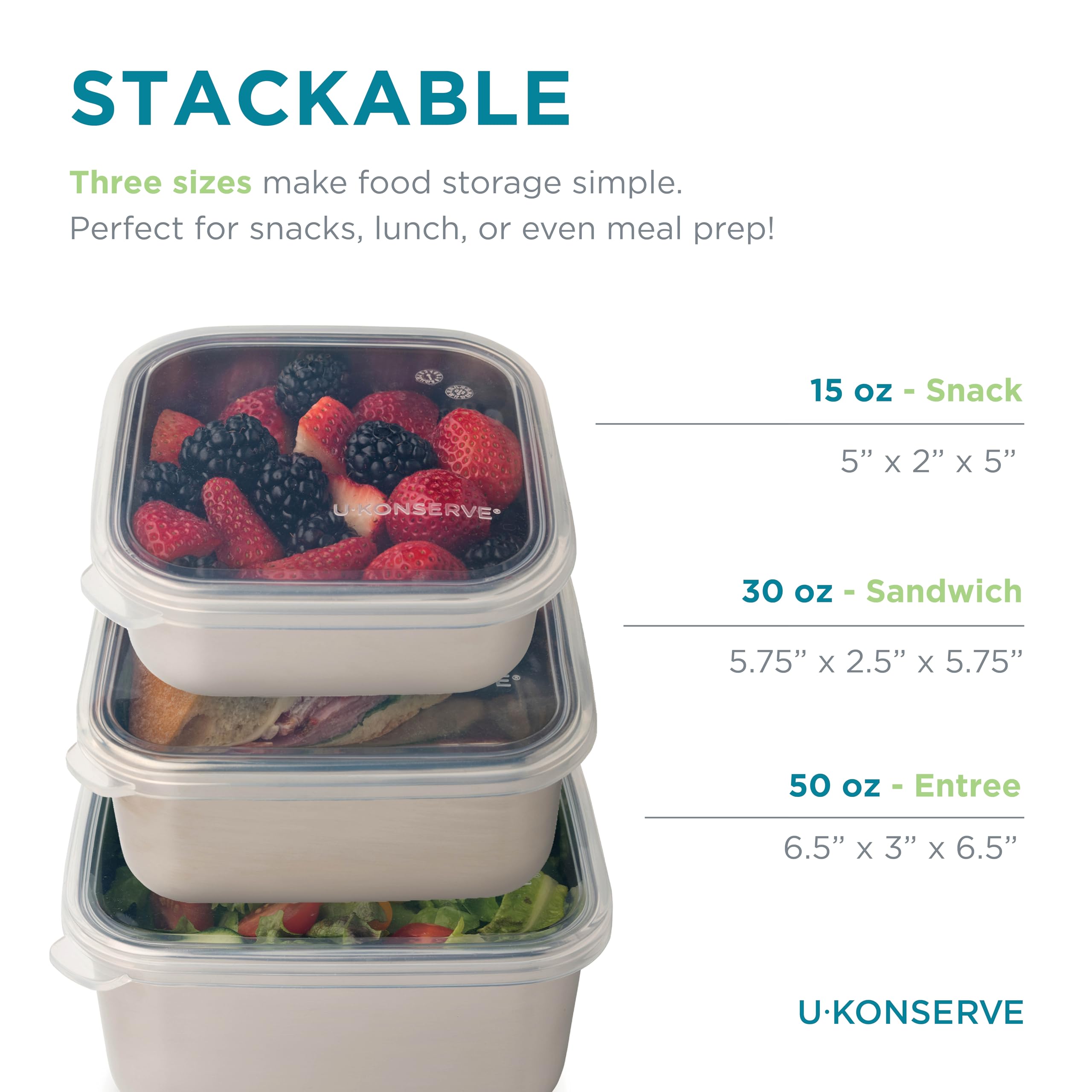 U Konserve Stainless Steel Nested Trio Food Storage Container Bento Box, Set of 3 (15, 30, & 50 oz), Leak Resistant, Silicone Lid, Dishwasher Safe, Plastic Free