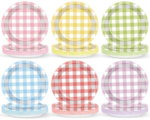 60pcs gingham plates colorful pastel tableware set pink yellow purple green blue red checkered 7" dinnerware for gingham party decorations camp bachelorette baby bridal shower birthday party supplies