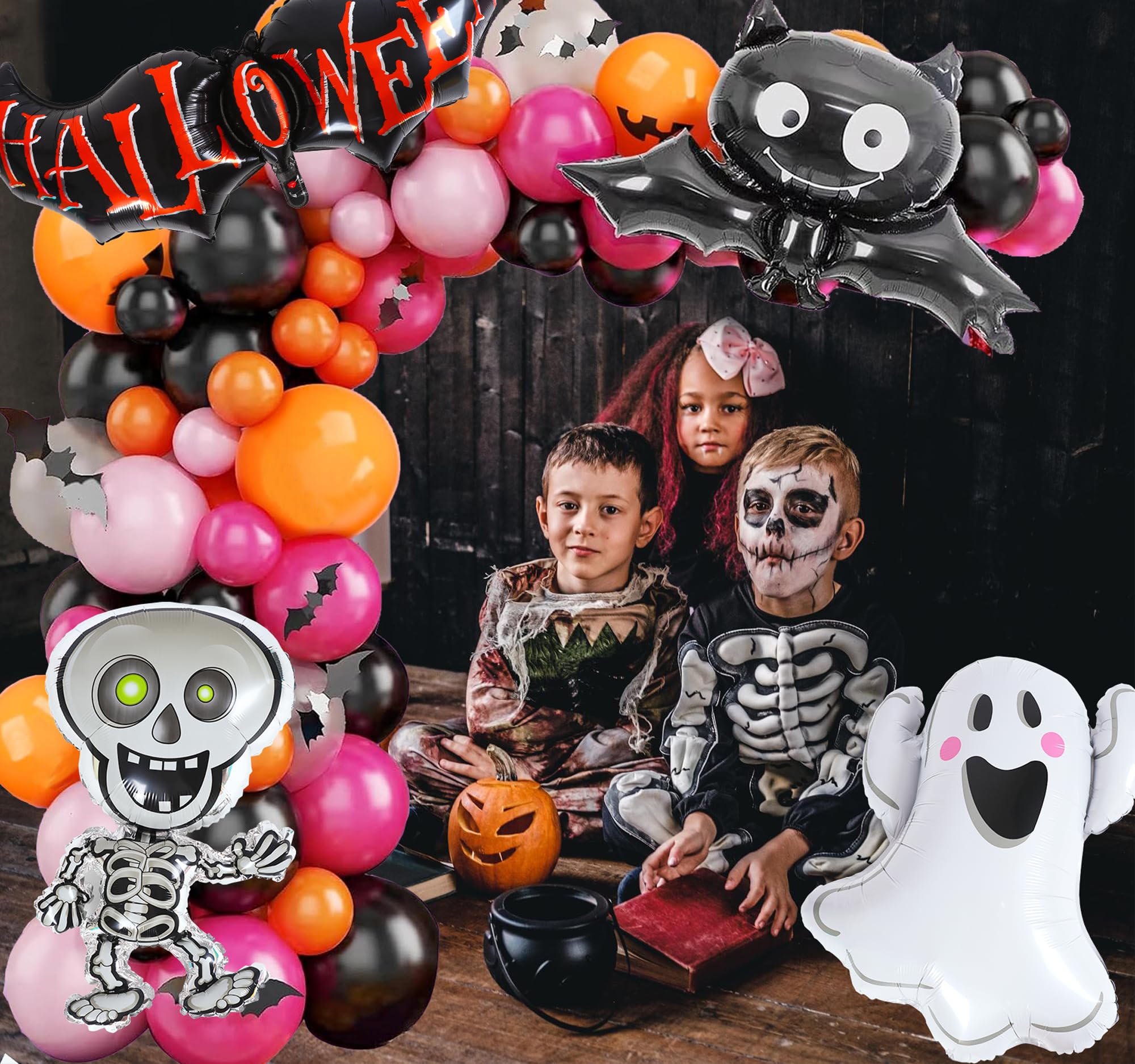 Hot Pink Halloween Balloon Garland Arch Kit,133Pcs Black Orange Pink Sand White Balloons Large Wings Ghost Skeleton Bat Foil Balloons for Kids,Family,Halloween Party Background Cosplay Theme Party