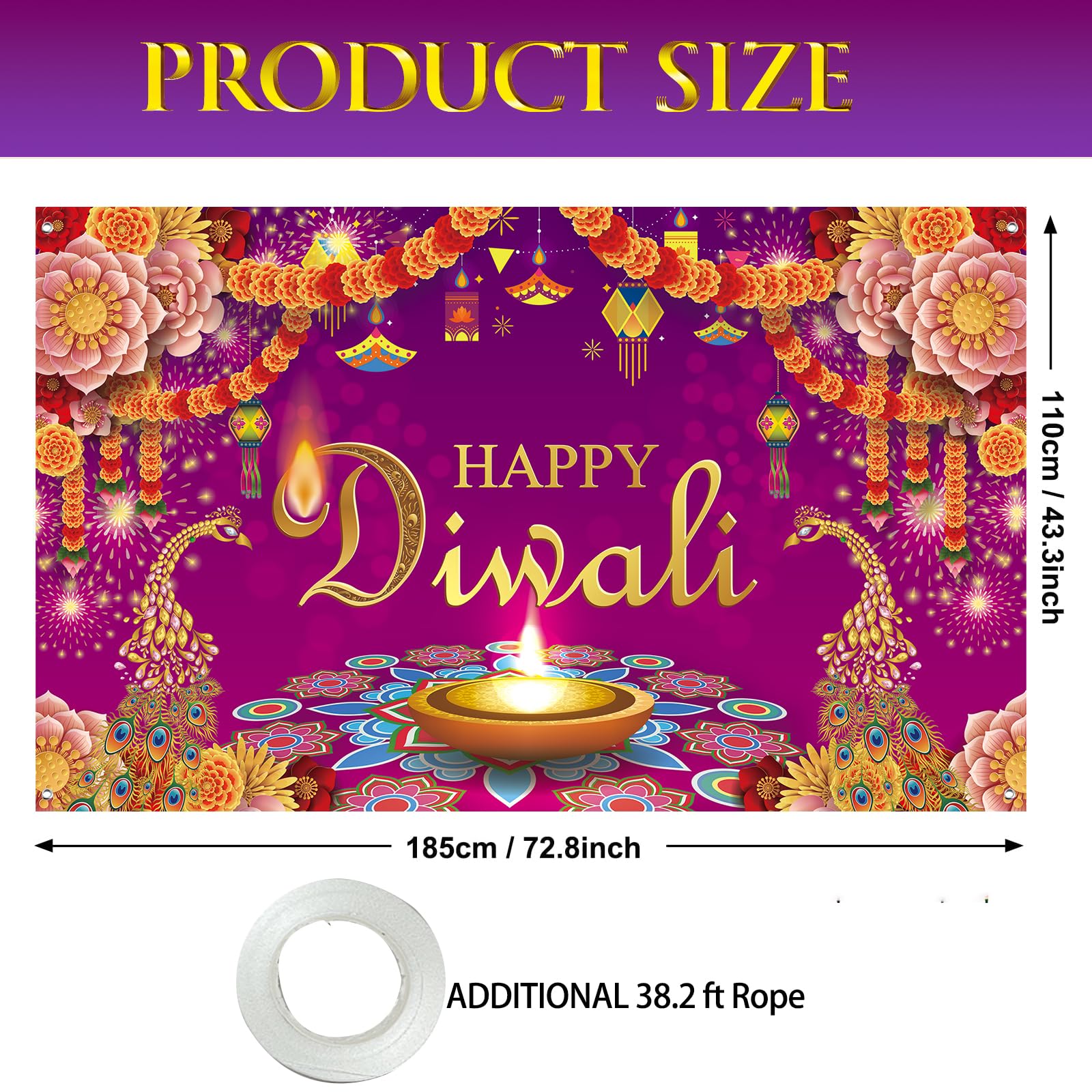 Aovaely Happy Diwali Backdrop Banner Decorations for Home Wall Hanging, Indian Festival of Lights Decorations, Diwali Photo Booth Props Background for Indian Diwali Party Supplies 6.2 x 3.7 ft