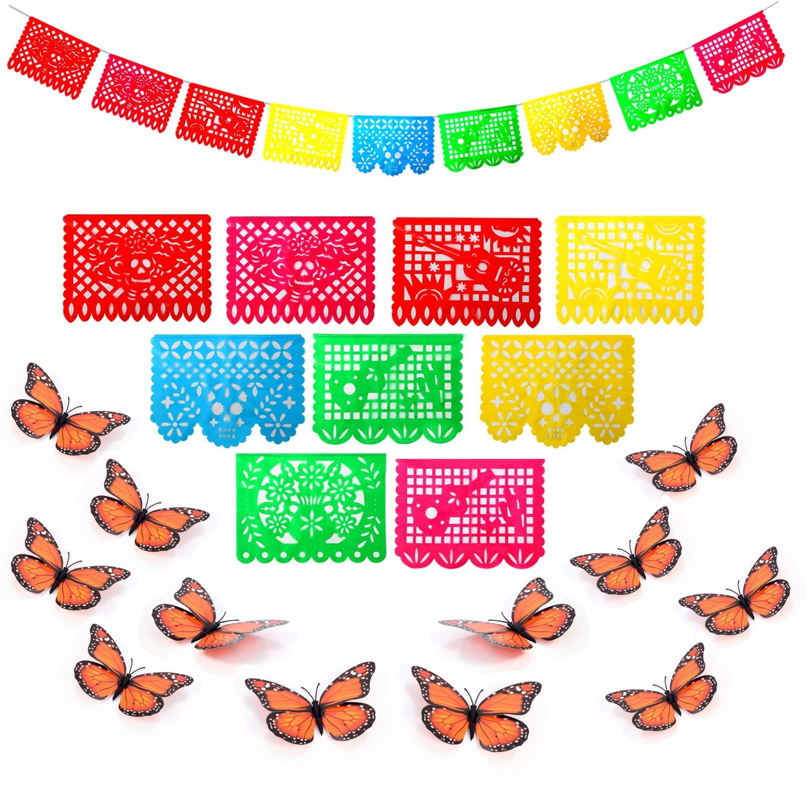 Mexican Party Banner Artificial Monarch Butterfly Plastic Day of The Dead Papel Picado and Halloween Fake 3D Monarch Butterfly for Mexican Party Day of The Dead Party Favors