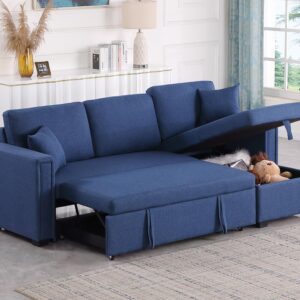 poplarbox L Shape Couch with Pull Out Bed, 84" Small Blue Sectional Sleeper Sofa with Storage Chaise, Convertible Pull Out Couch Bed for Bedroom, Living Room