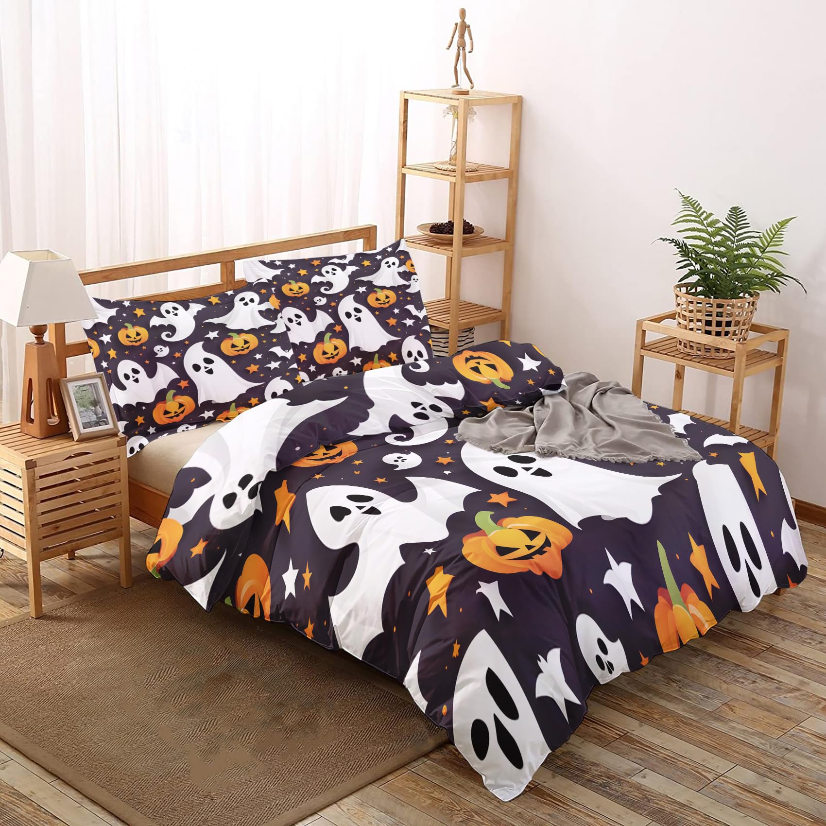 Halloween Bedding California King Size, Spooky Pumpkin Ghost Bat Duvet Cover Set & Bedroom Decor - Cozy Soft Breathable Microfiber, 2 Pillow Shams, with Zip Closure Corner Ties - No Comforter