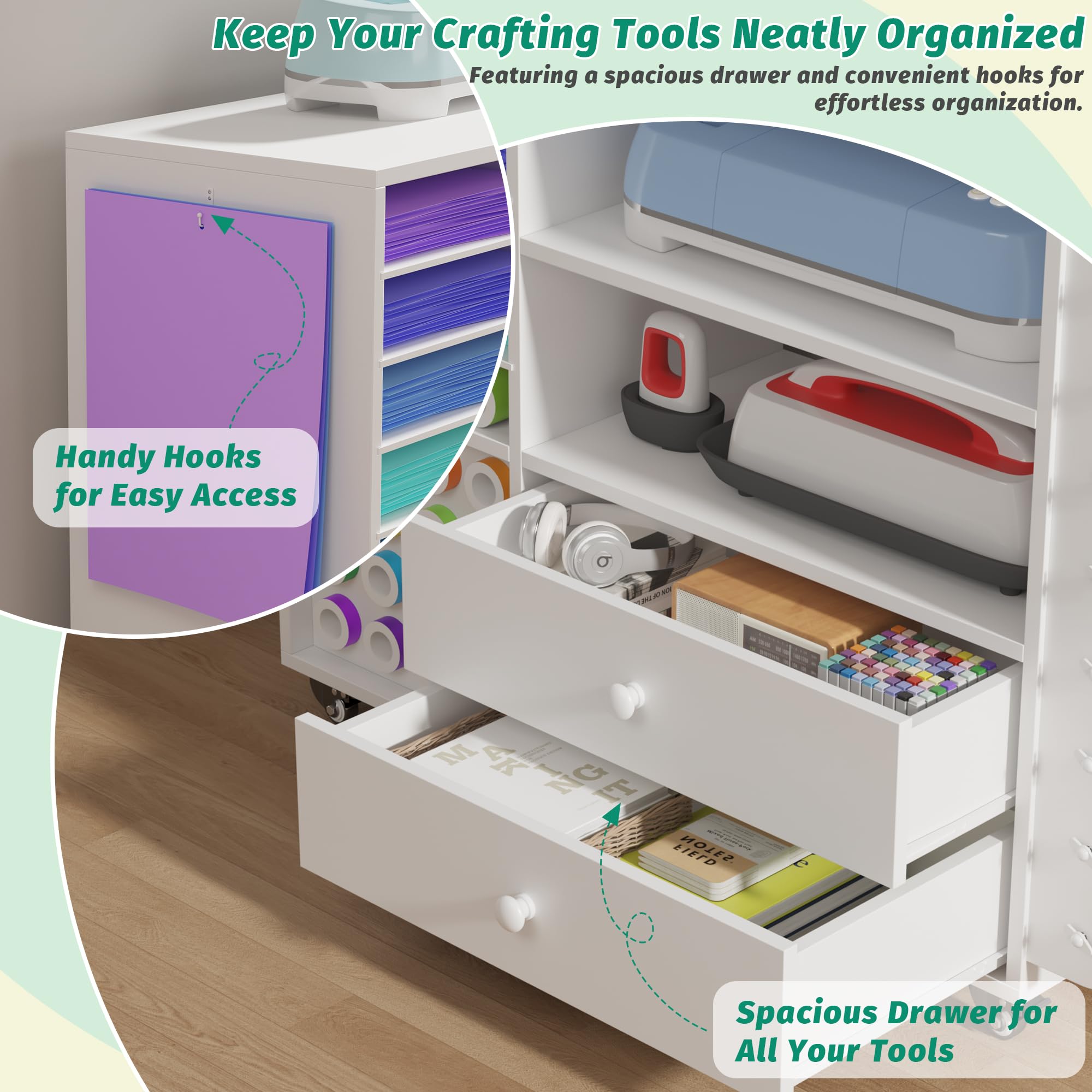 Craft organization and storage Cart Compatible with Cricut Machine Cricut Table, Rolling Craft Organizer With two large drawer & 24 Vinyl Roll Holder & Paper Storage Organizer, for Home Craft Room