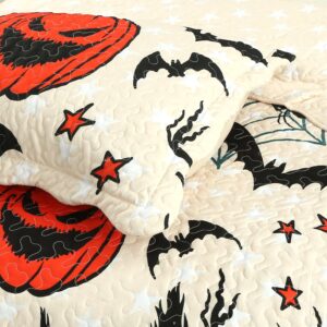 MarCielo Kids Halloween Themed Quilt Bedspread Set Pumpkins, Black Cats, Bats, Haunted Houses ME503 (Full)