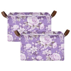 KUEJOP Flower Purple Rose Rectangle Storage Bin, Decorative Collapsible Organizer Storage Basket with Handles for Home