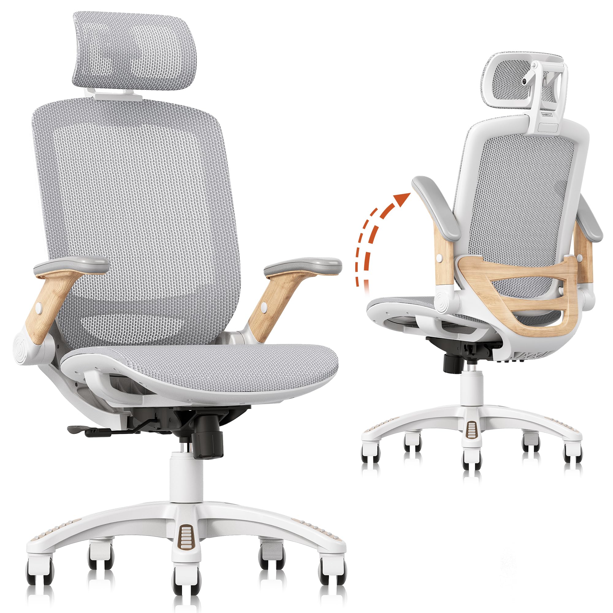 GABRYLLY Ergonomic Office Chair, High Back Home Desk Chair with Flip-Up Arms, Headrest, 90-120° Tilt and Wide Cushion, 400LBS White Mesh Chair for Work Gaming Study (GY01-NT, Woodgrain Pattern)