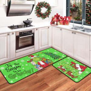 Christmas Decorative Kitchen Mats Set of 2,Grin Christmas Kitchen Decoration,Non Slip Absorbent Kitchen Mat Waterproof Runner Rug for Laundry Room and Sink 17x 29,17x48 Inches