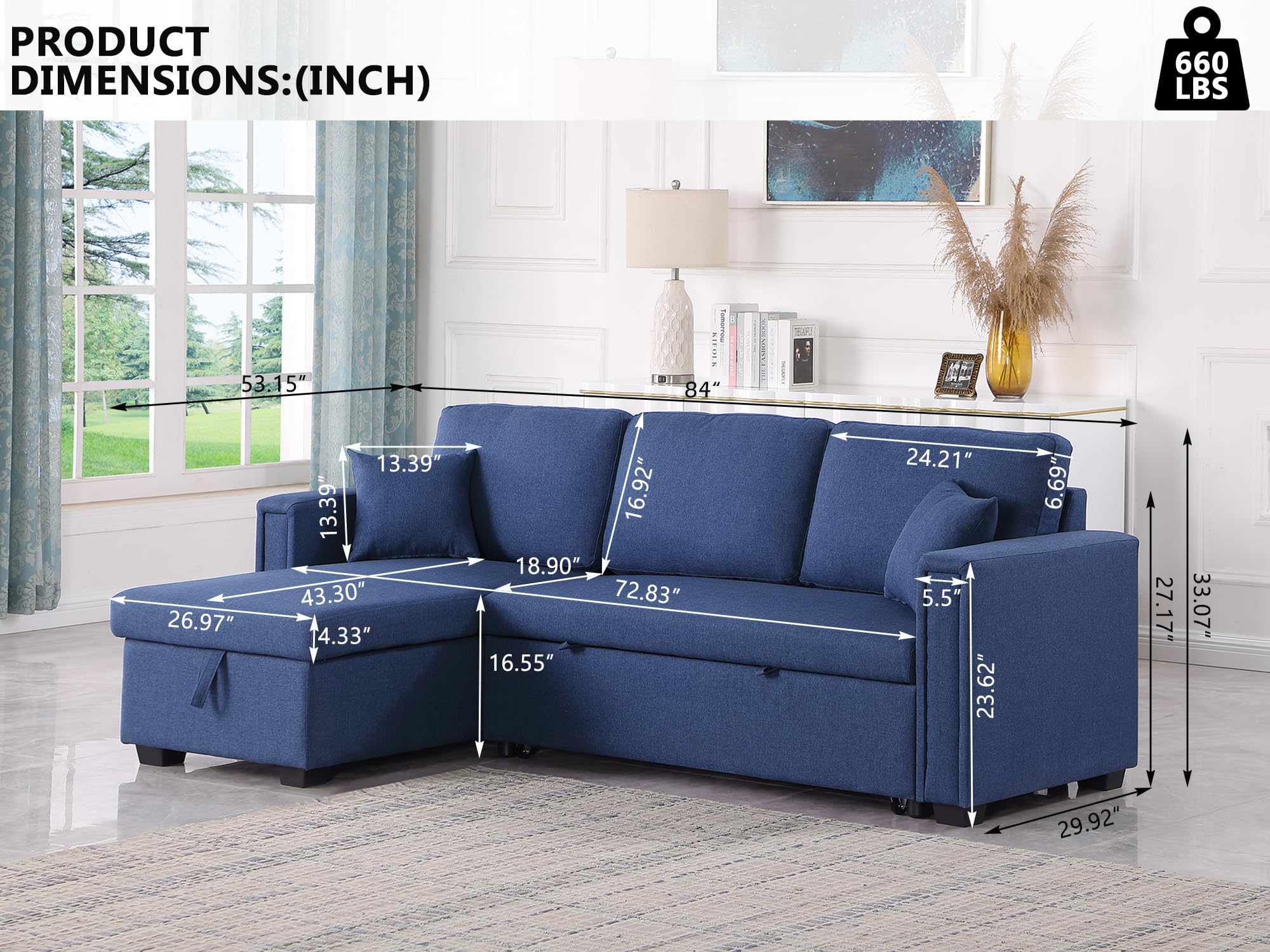 poplarbox L Shape Couch with Pull Out Bed, 84" Small Blue Sectional Sleeper Sofa with Storage Chaise, Convertible Pull Out Couch Bed for Bedroom, Living Room