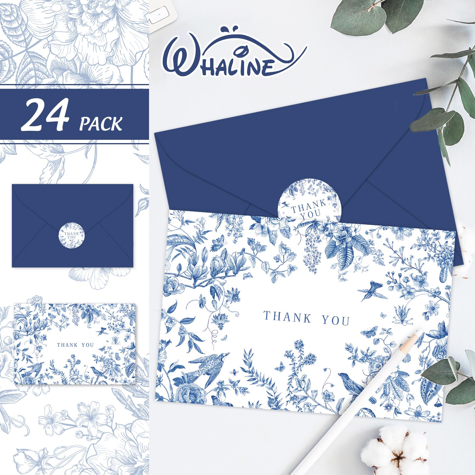 Whaline 24 Pack Flower Bird Thank You Cards Blue and White Floral Greeting Cards with Envelopes Stickers Blank Note Cards for Wedding Birthday Baby Shower Party Supplies, 4 x 6 Inch