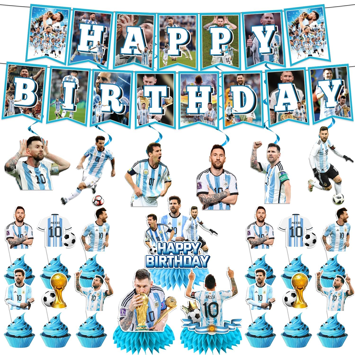 Soccer Birthday Decorations, Soccer Birthday Party Decorations Include 12 Cupcake Topper, 2 Banner, 3 Centerpieces, and 6 Hanging Swirls, Soccer Themed Birthday Party Supplies for Kids