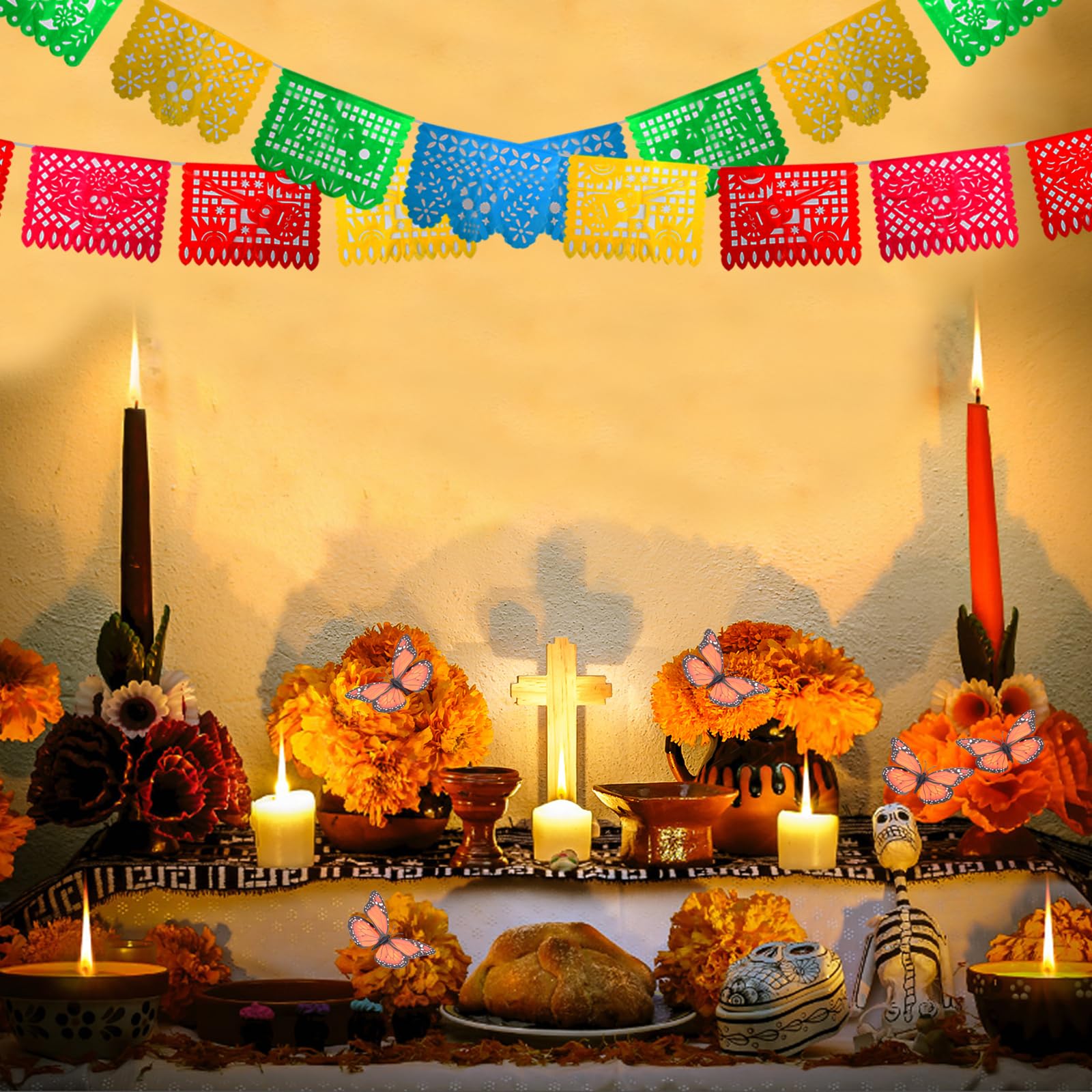 Mexican Party Banner Artificial Monarch Butterfly Plastic Day of The Dead Papel Picado and Halloween Fake 3D Monarch Butterfly for Mexican Party Day of The Dead Party Favors