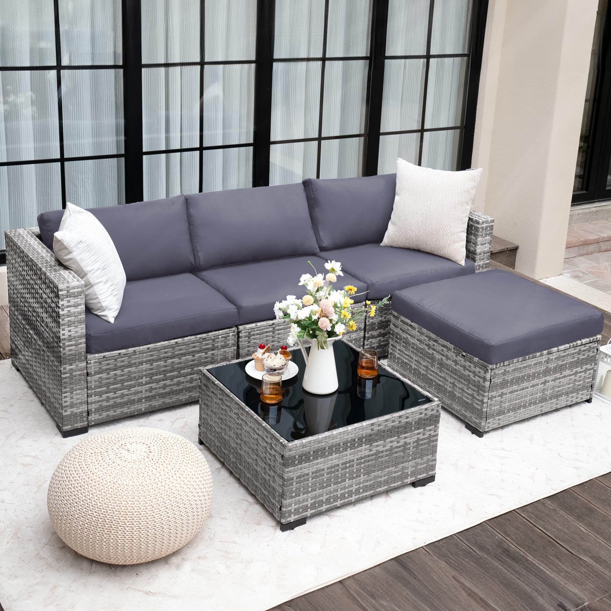 UDPATIO Modular Patio Furniture Set 5 Pieces Outdoor Sectional Couch with Glass Coffee Table, L Shaped Wicker Sofa Patio Conversation Set for Backyard Porch Balcony Grey