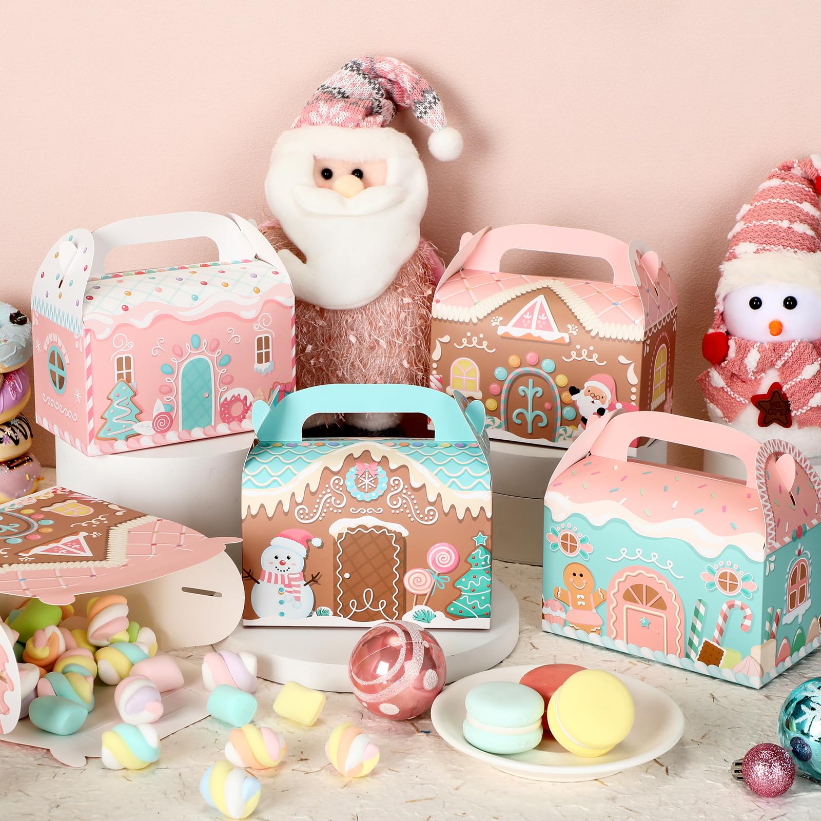 Kritkin 20 Pcs Pink Christmas Treat Boxes 3D Gingerbread House Cookie Boxes Cute Xmas Cardboard Gable Goodie Gift Boxes for Snacks Macaron Candy Party Favor Family Class Gifts Giving