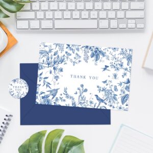 Whaline 24 Pack Flower Bird Thank You Cards Blue and White Floral Greeting Cards with Envelopes Stickers Blank Note Cards for Wedding Birthday Baby Shower Party Supplies, 4 x 6 Inch