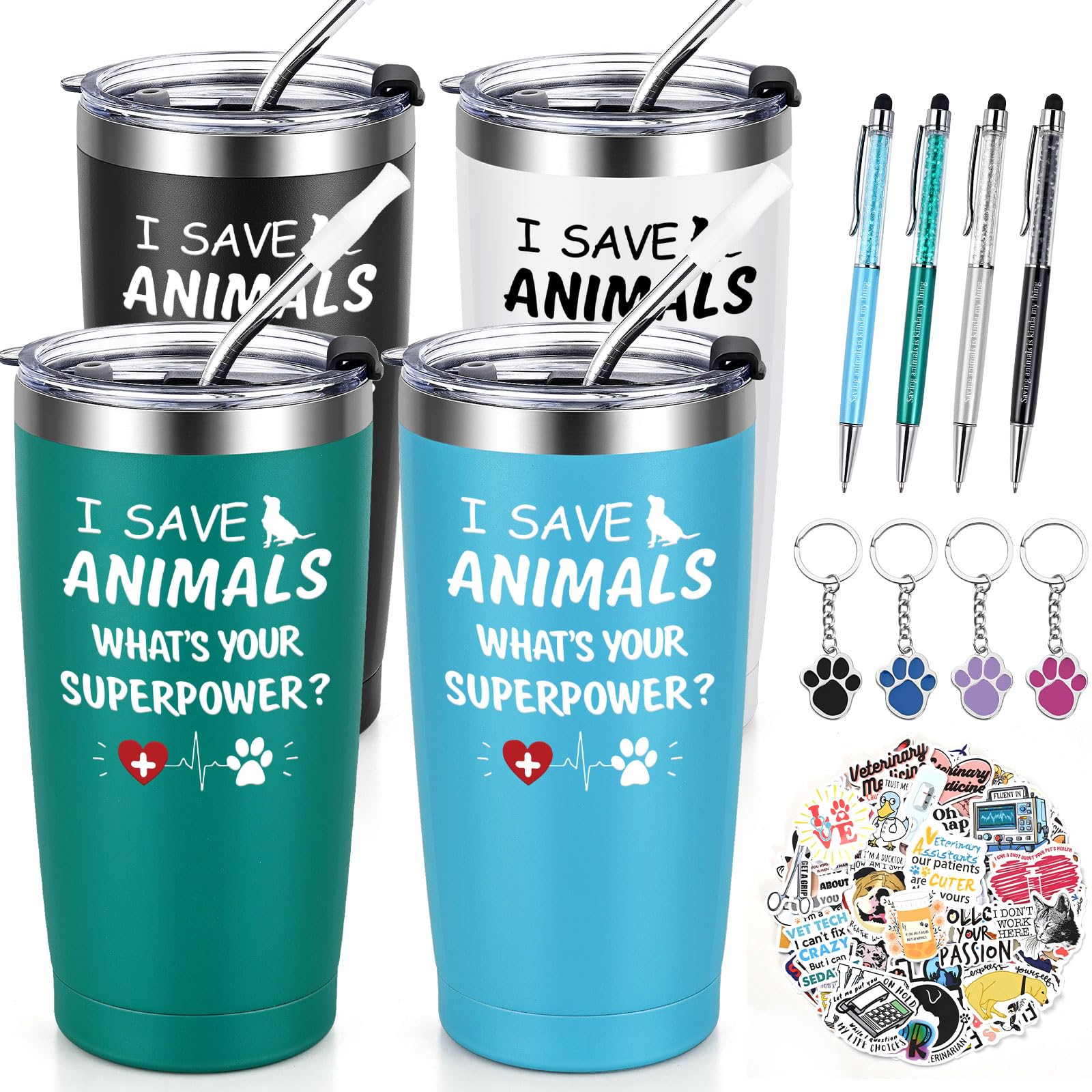 Lifecapido 13Pcs Vet Tech Gifts, Veterinarian Gifts, I Save Animals What's Your Superpower - 20oz Tumbler with Keychains Stickers Pens, Vet Tech Week Gifts Christmas Gifts for Veterinary Technologists