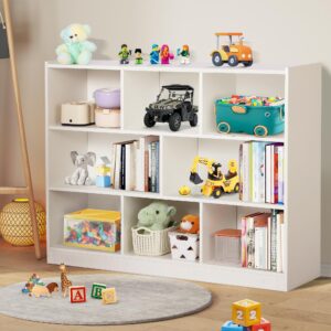 grepatio kids bookshelf and toy storage organizer, 3 tier 8-section storage daycare shelf for playroom, children 3-tier open wooden display book shelf organizer for playroom, classroom