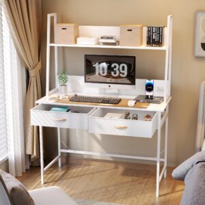 joinhom home office desk with drawers - small desks with hutch & book shelves, study table for small spaces, computer desk with power outlet and usb charging ports, white