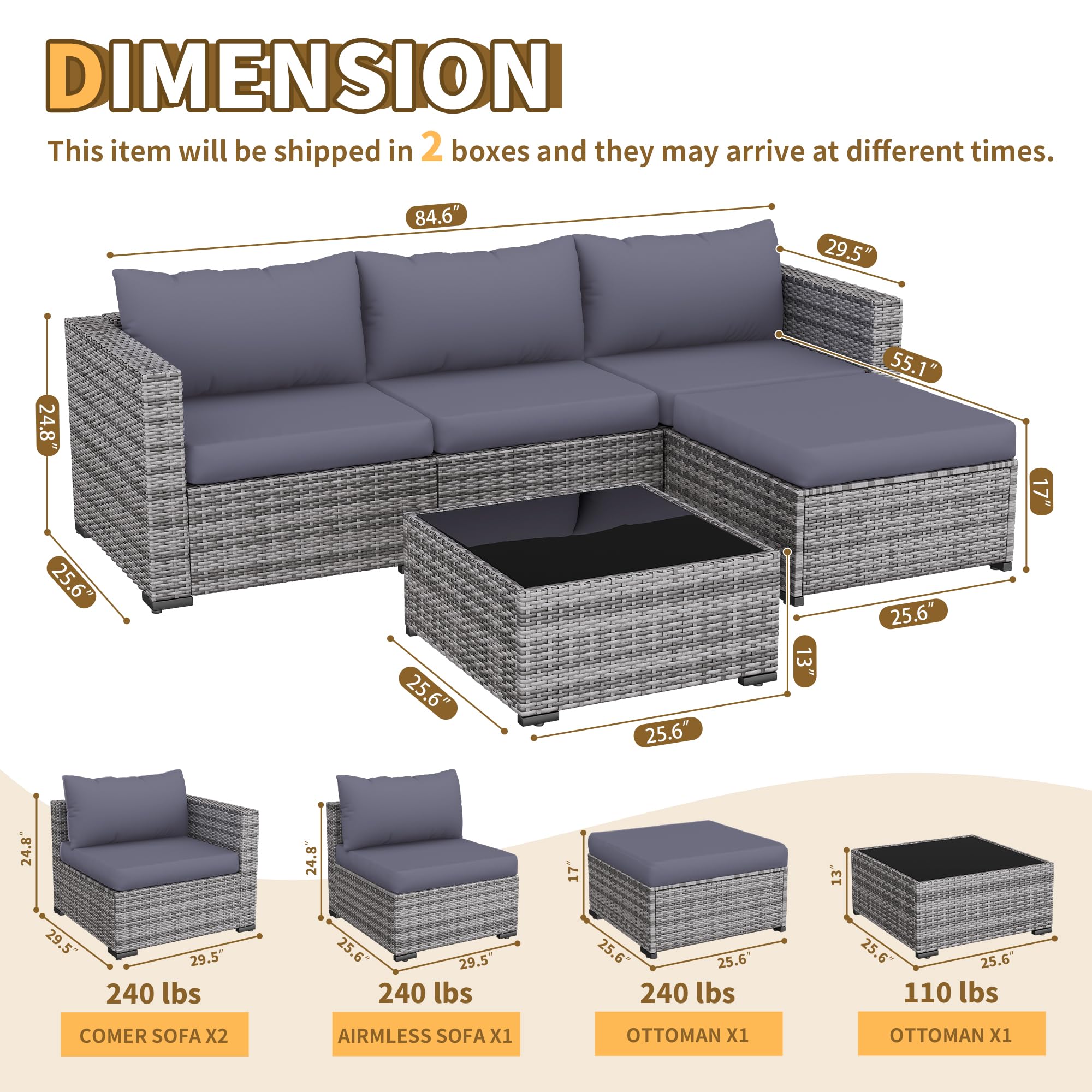 UDPATIO Modular Patio Furniture Set 5 Pieces Outdoor Sectional Couch with Glass Coffee Table, L Shaped Wicker Sofa Patio Conversation Set for Backyard Porch Balcony Grey