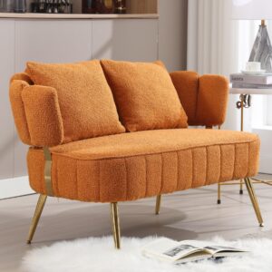 hrveocei boucle loveseat sofa, 52" small couch for small space bedroom, modern mini couch sofa with gold chrome legs and comfy pillows for office dorm (orange)