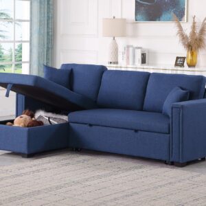 poplarbox L Shape Couch with Pull Out Bed, 84" Small Blue Sectional Sleeper Sofa with Storage Chaise, Convertible Pull Out Couch Bed for Bedroom, Living Room