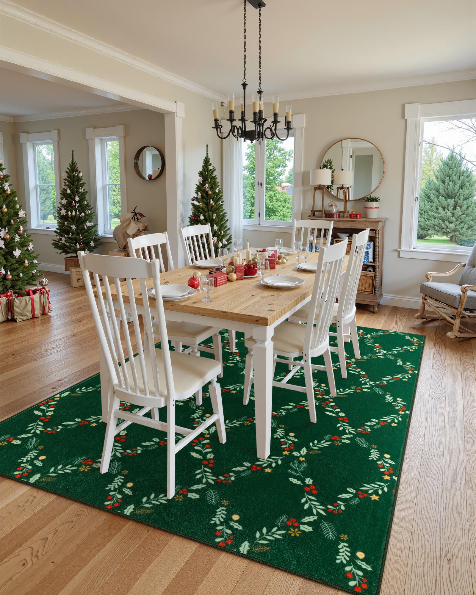 Seavish 2024 Christmas Area Rug 5x7 Area Rugs for Living Room Low Pile Soft Washable Rugs for Bedroom Aesthetic Xmas Green Diamond Floor Cover Carpet Rug for Dining Room Nursery Playroom Home Office