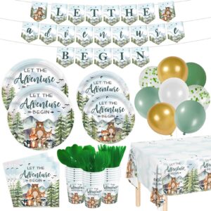 230pcs let the adventure begin party supplies baby shower plates napkins adventure tableware set disposable cups forks tablecloth banner and balloons for baby shower party decorations serve 24