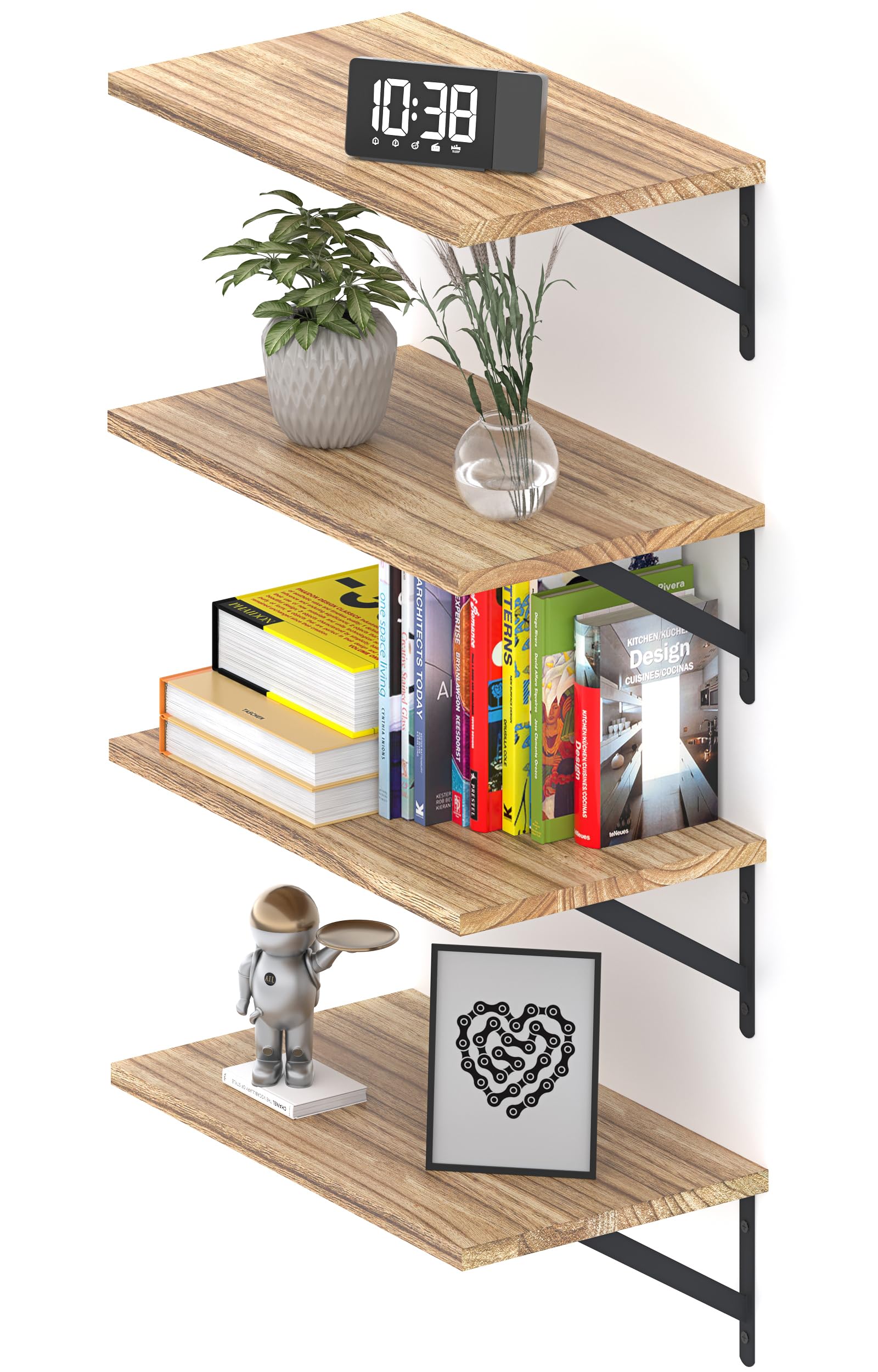 Greaittle Deep Floating Shelves 10" D x 16.5" W Set of 4, Rustic Wood Wall Bookshelves for Living Room, Kitchen, Laundry Room, Bathroom, Bedroom, Books, Plants, and More (Varnished)