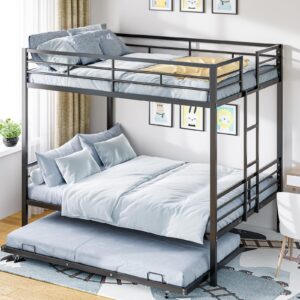 uocfyk queen over queen bunk bed with trundle for kids/adults,heavy duty bunk bed with convertible 2 beds & ladder for dorm,bedroom,guest room,space saving design & no box spring needed,black