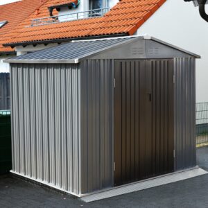 veikou 8’x10’ outdoor storage shed, metal storage shed with lockable door & air vents, garden tool shed with thickened galvanized steel for backyard, patio, grey