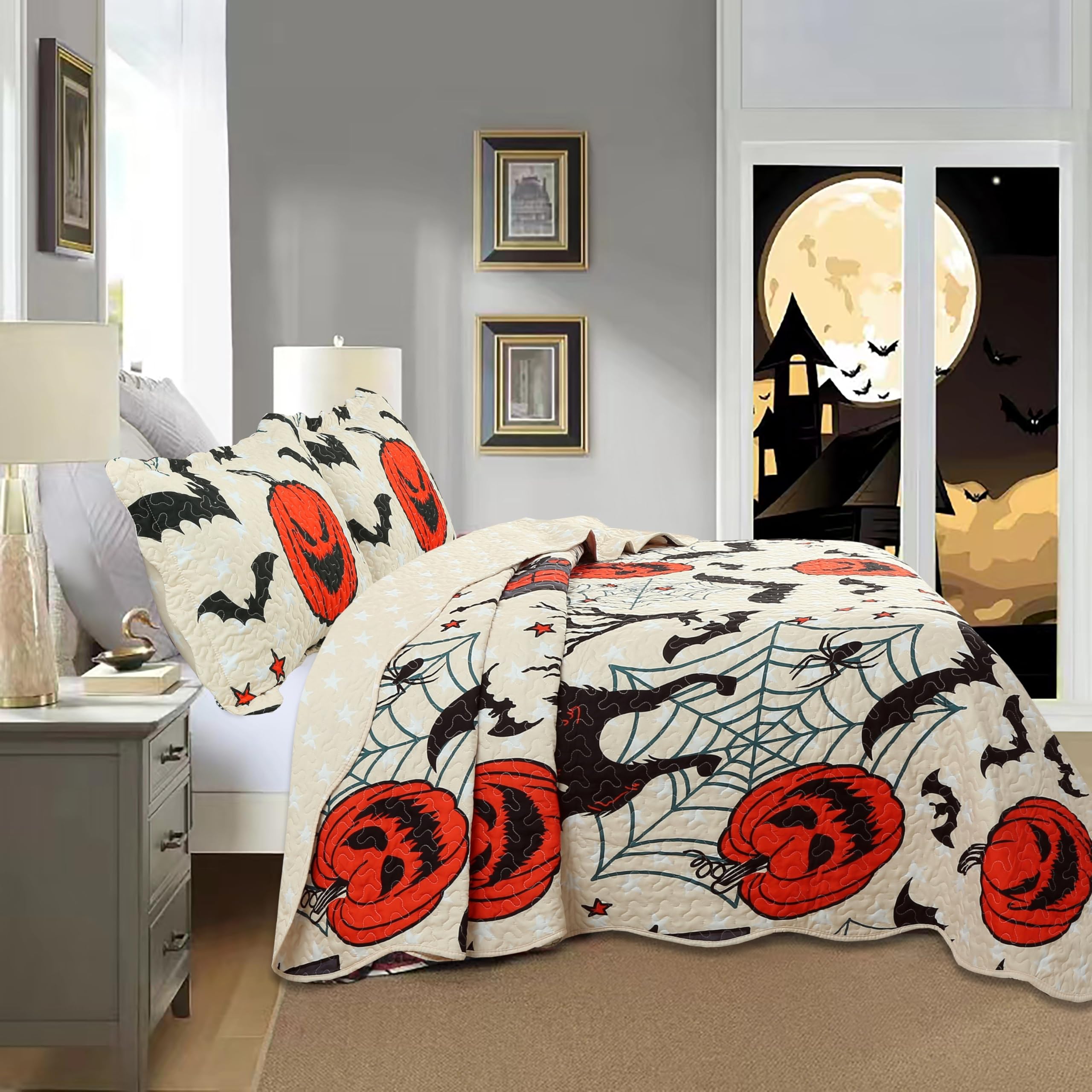 MarCielo Kids Halloween Themed Quilt Bedspread Set Pumpkins, Black Cats, Bats, Haunted Houses ME503 (Full)