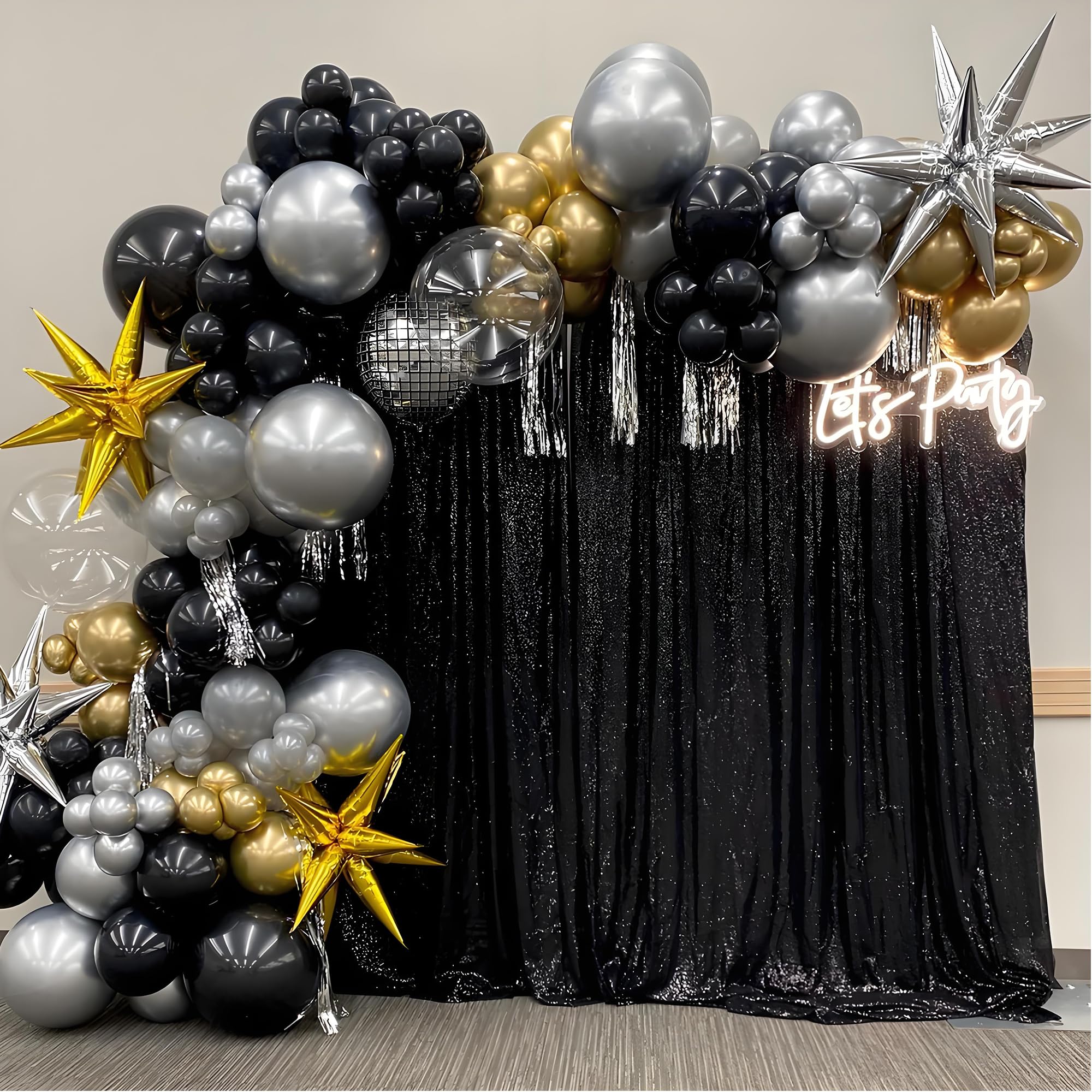 Black Gold Silver Balloon Garland Arch Kit 148 pcs 12" 10" 5" Latex Balloons Set for Graduation Decorations Birthday New Year Party Anniversary Decorations Supplies