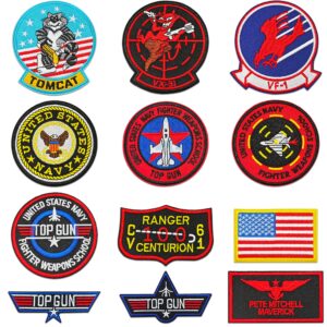 12 pcs top gon patches, morale patches pilot iron on patches, us military patches airsoft patches flight patches for jackets tactical patches for backpacks bundle, hook & loop