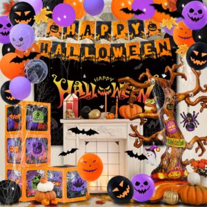 party spot! 157 pcs halloween party decorations kit, 43" giant tree balloon, 4 balloon boxes, happy halloween banner, 60 pcs balloons, artificial leaves, halloween party supplies, halloween favors set