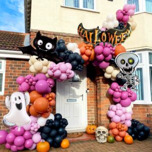 Hot Pink Halloween Balloon Garland Arch Kit,133Pcs Black Orange Pink Sand White Balloons Large Wings Ghost Skeleton Bat Foil Balloons for Kids,Family,Halloween Party Background Cosplay Theme Party