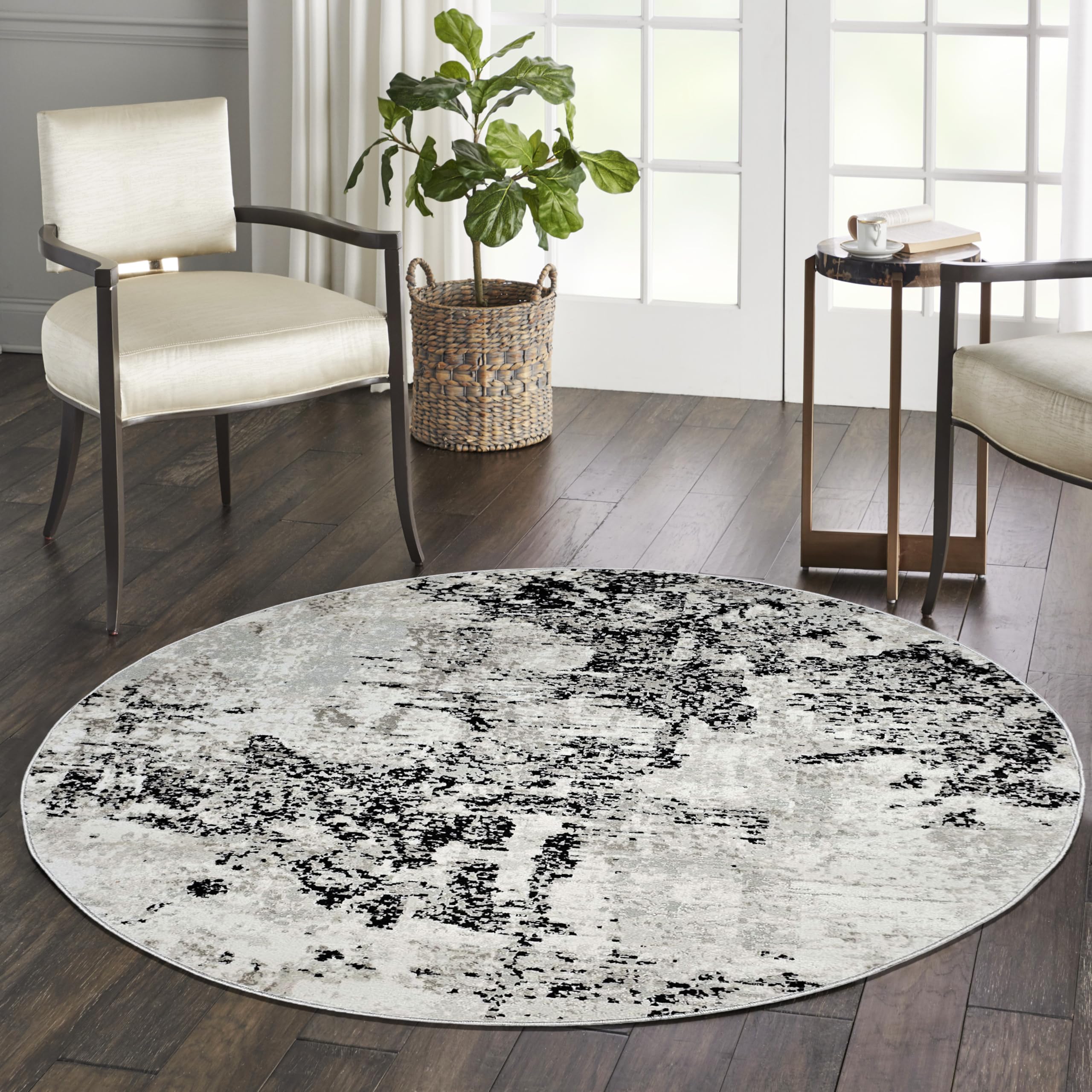 Rug Culture Area Rug, Modern Abstract Area Rug, Non-Shedding Rugs for Living Room Bedroom Home Decor, Anti-Slip Jute Backing Indoor Soft Rug Carpet- (Black/Gray, 6FT Round)