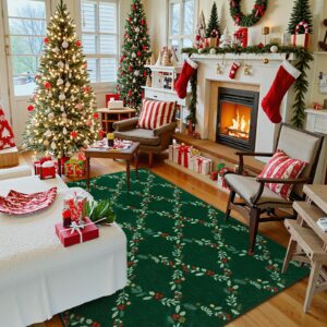 Seavish 2024 Christmas Area Rug 5x7 Area Rugs for Living Room Low Pile Soft Washable Rugs for Bedroom Aesthetic Xmas Green Diamond Floor Cover Carpet Rug for Dining Room Nursery Playroom Home Office