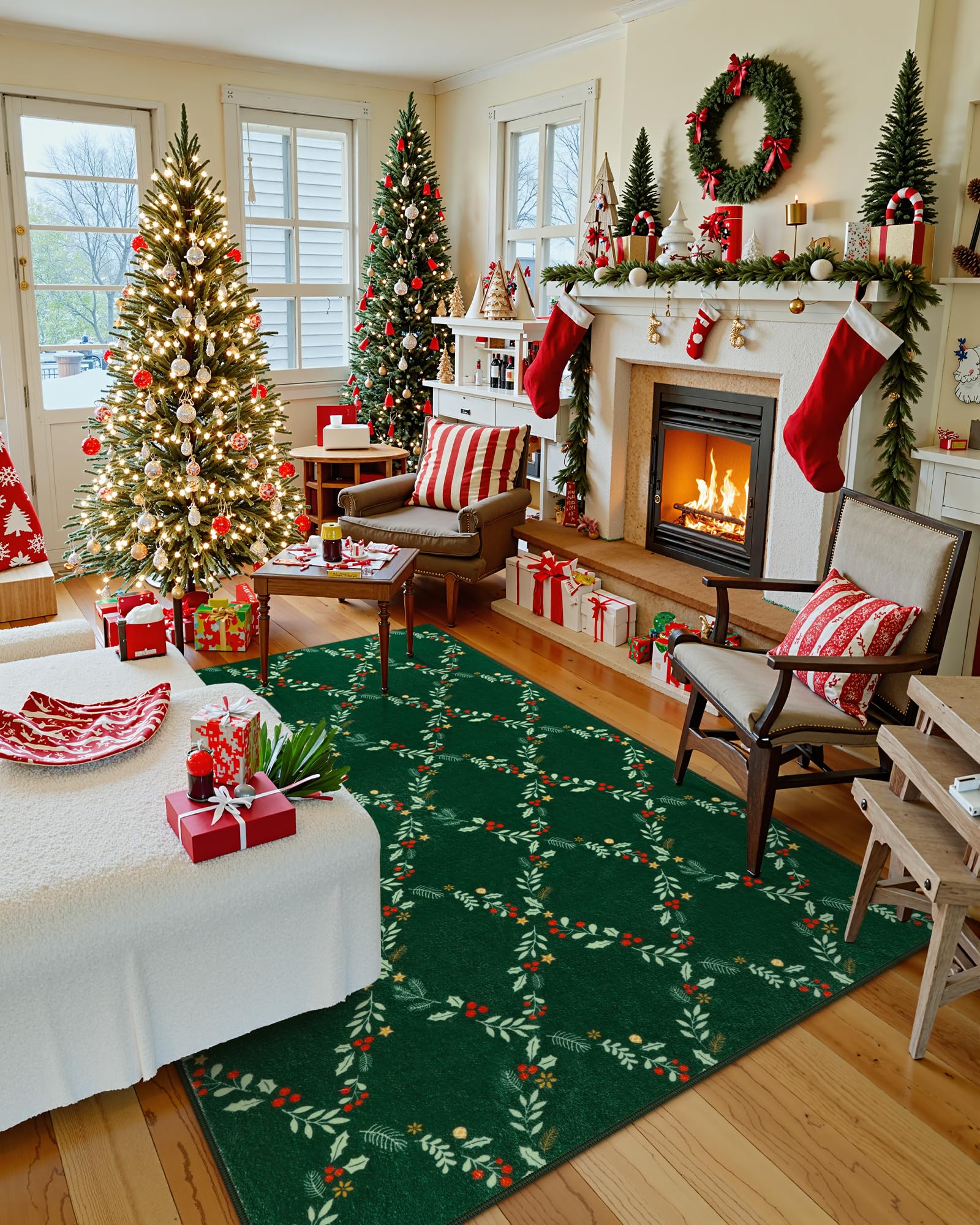 Seavish 2024 Christmas Area Rug 5x7 Area Rugs for Living Room Low Pile Soft Washable Rugs for Bedroom Aesthetic Xmas Green Diamond Floor Cover Carpet Rug for Dining Room Nursery Playroom Home Office