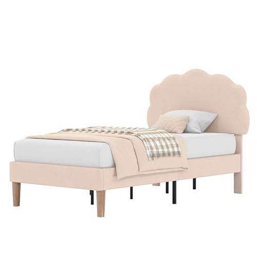 VECELO Twin Size Bed Frame, Upholstered Platform Bedframe with Height Adjustable Plush Fabric Headboard, Strong Wood Slat Supports, No Box Spring Needed, Beige