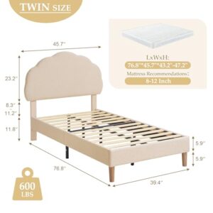 VECELO Twin Size Bed Frame, Upholstered Platform Bedframe with Height Adjustable Plush Fabric Headboard, Strong Wood Slat Supports, No Box Spring Needed, Beige